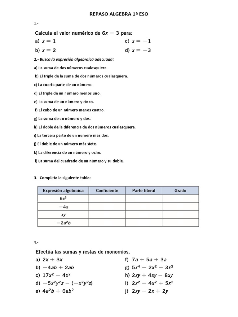 Ejercicios de Lenguaje Algebraico 1º ESO | PDF