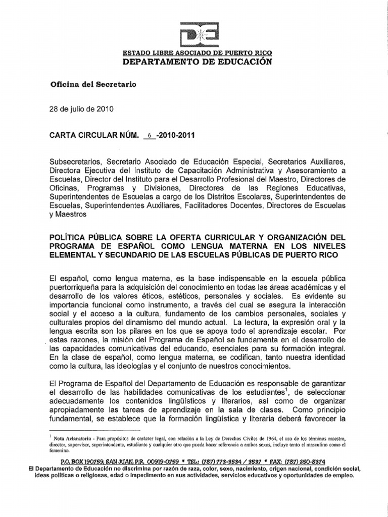 Carta Circular Español 6-2010-2011 | PDF | Estudios de idiomas extranjeros