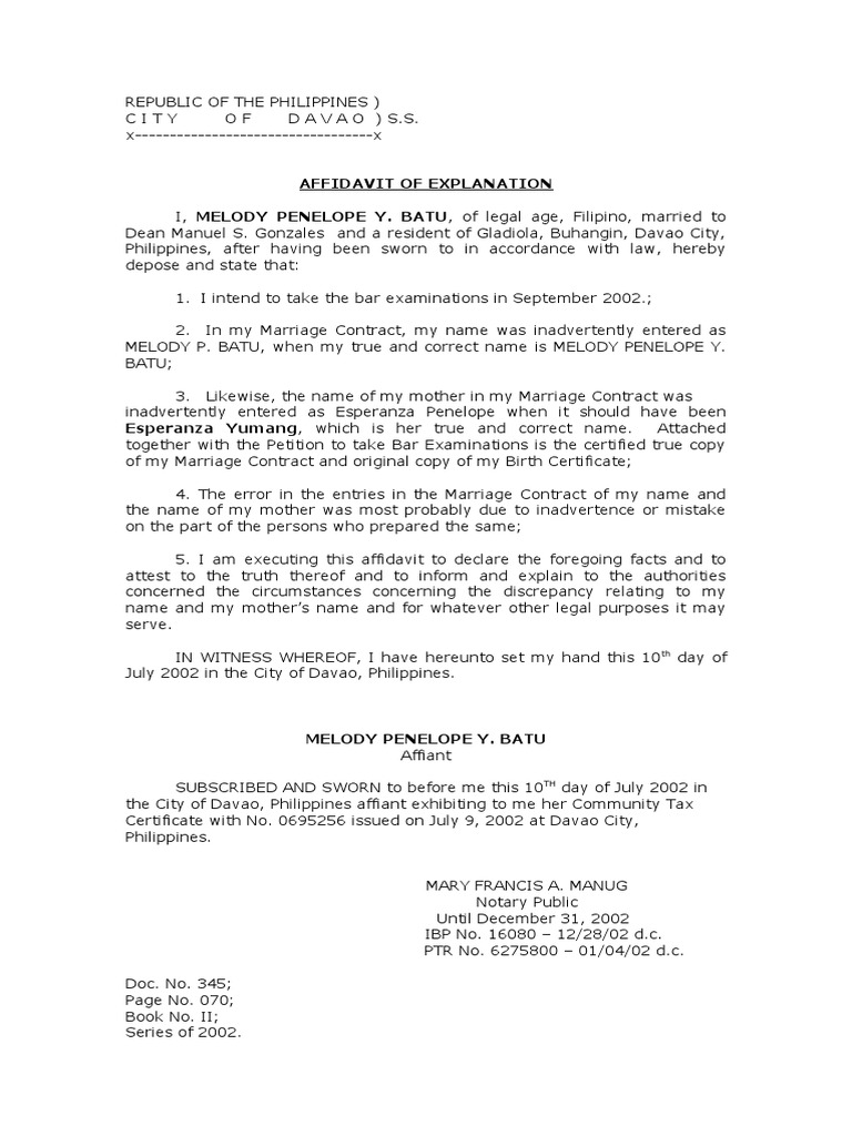 Affidavit of Explanation2 | Affidavit | Philippines