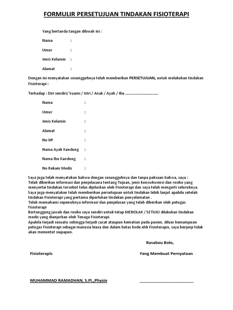 Formulir Persetujuan Tindakan Fisioterapi | PDF