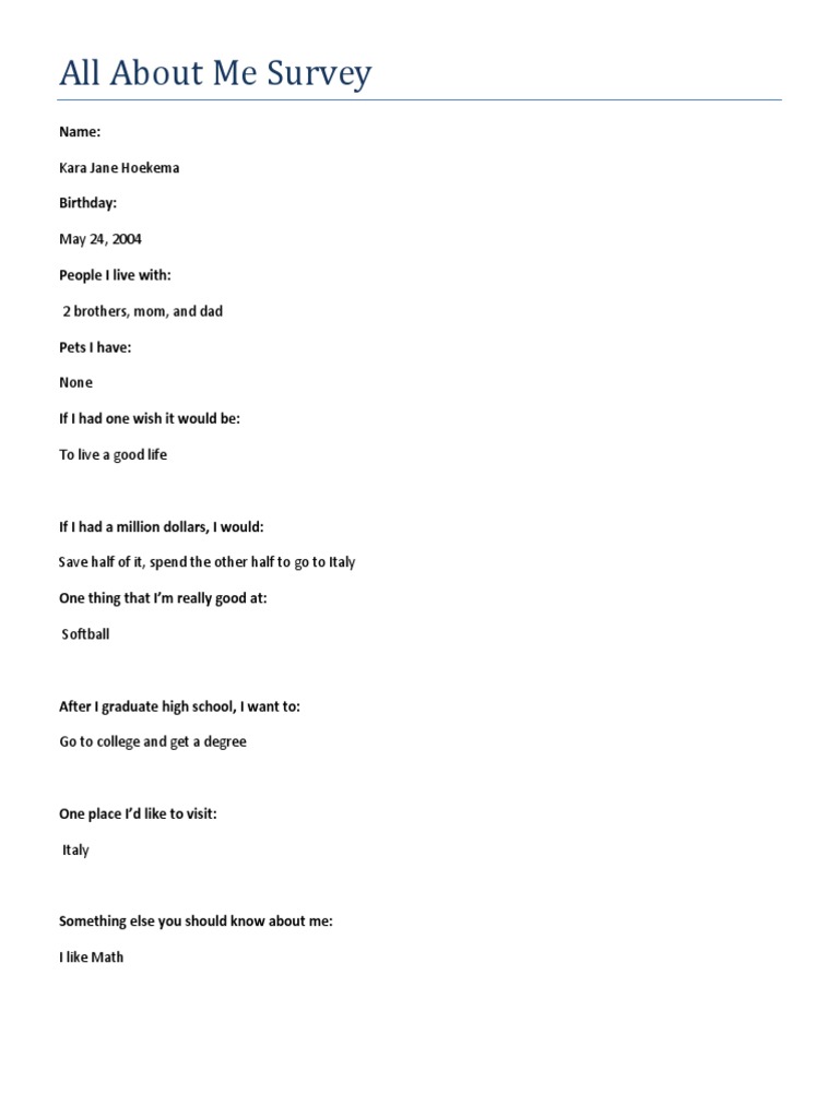 All About Me Survey For Home Page 1 | PDF