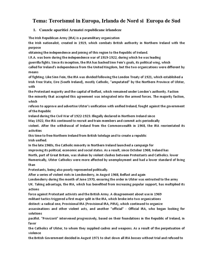 Tema: Terorismul in Europa, Irlanda de Nord Si Europa de Sud | PDF ...