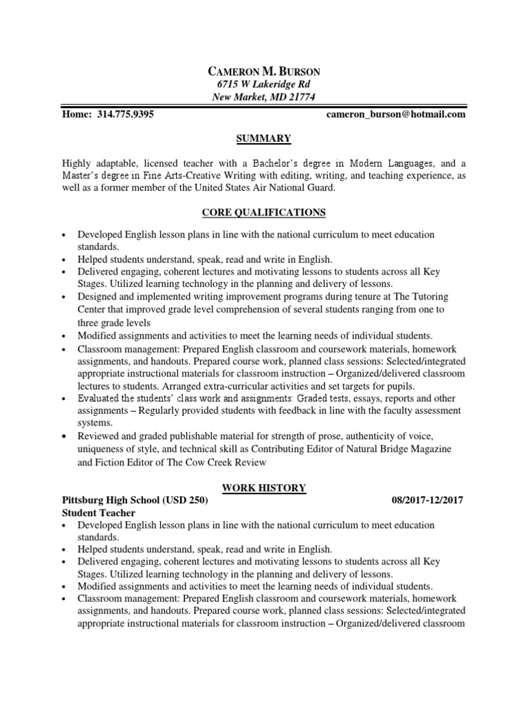 Cameron Teaching Resume | PDF | Homework | Curriculum
