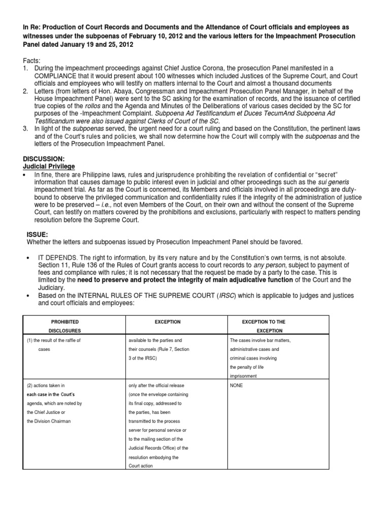 91 - in Re Production of Court Records and Documents and The Attendance ...