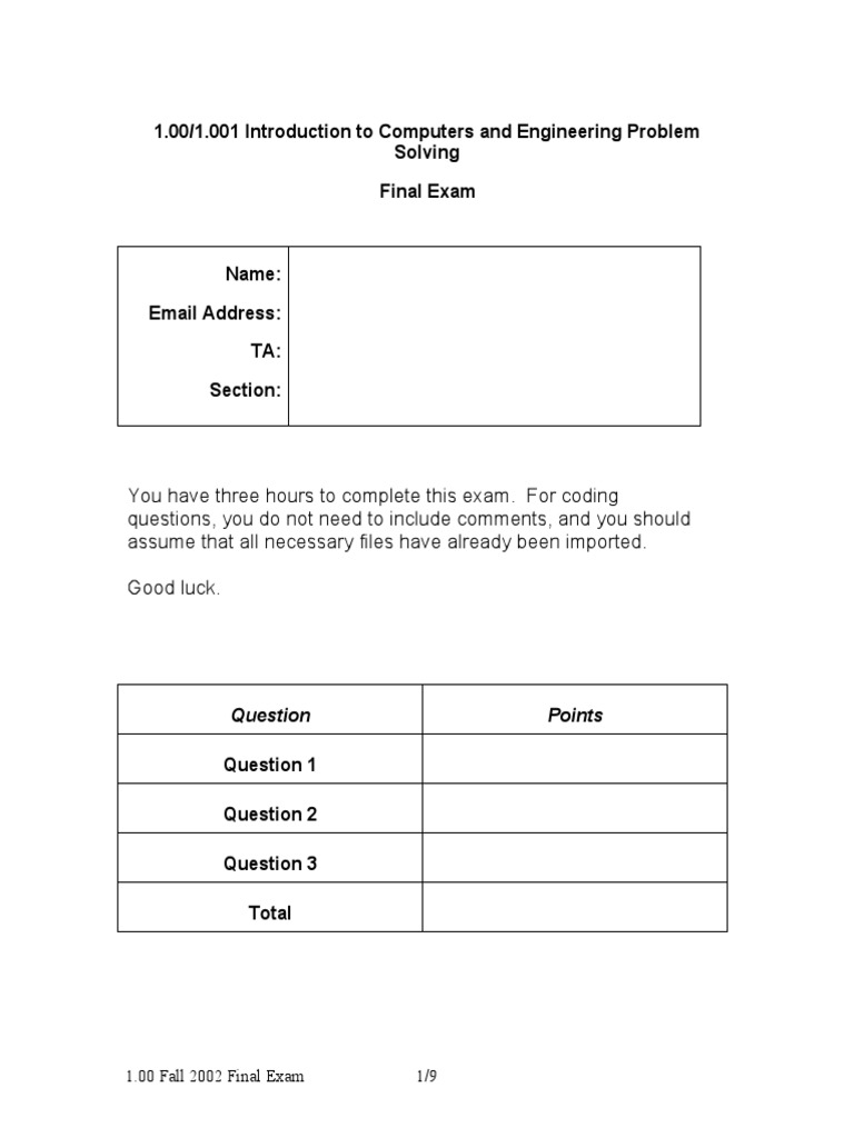 1.00/1.001 Introduction To Computers and Engineering Problem Solving Final Exam | PDF | Method ...