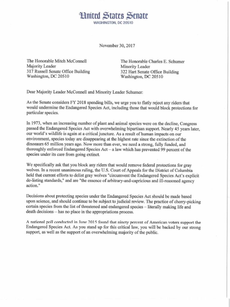 Final Signed FY18 ESA Senate Appropriations Letter