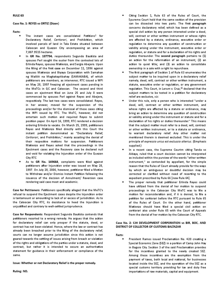 Rule 63 - Case Digests | PDF | Declaratory Judgment | Certiorari