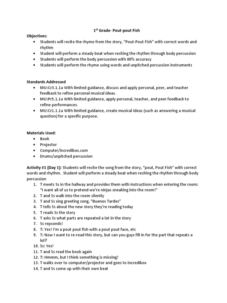 1st Grade-Pout Pout Fish | PDF | Teaching | Pedagogy