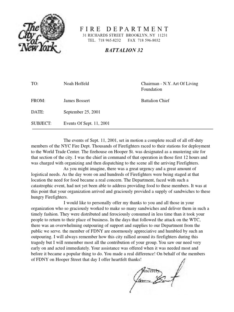 NYC Fire Chief Letter | New York City Fire Department | September 11 ...