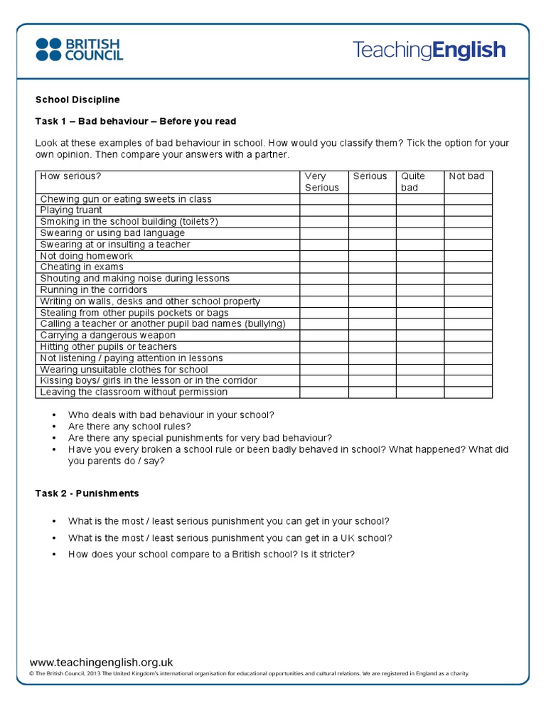 School Discipline Student Worksheet | Social Institutions | Society ...