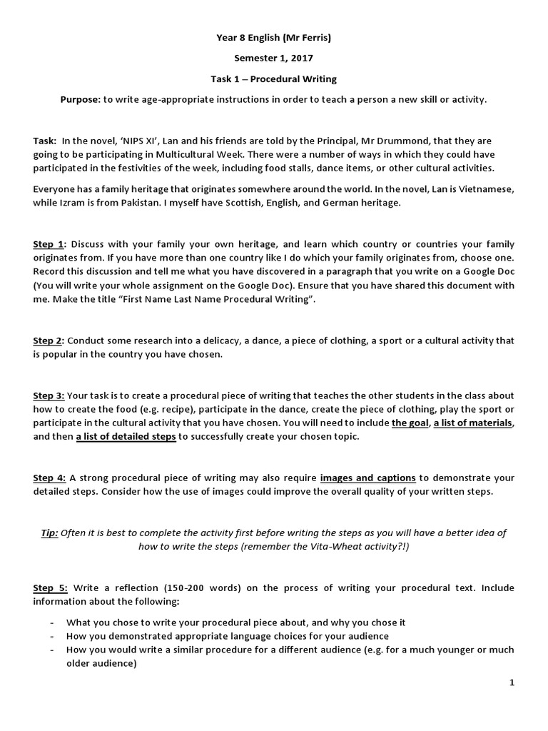Year 8 English - Procedural Writing Task Sheet | PDF | Punctuation | Editing