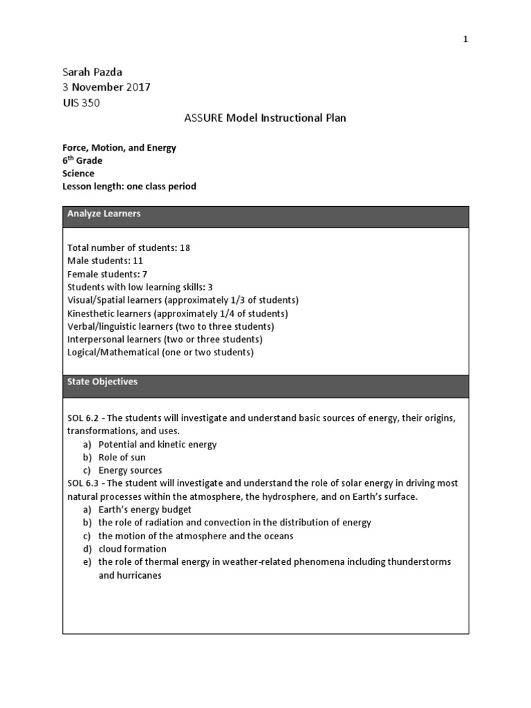 Assure Model Instructional Plan | PDF | Earth | Sun
