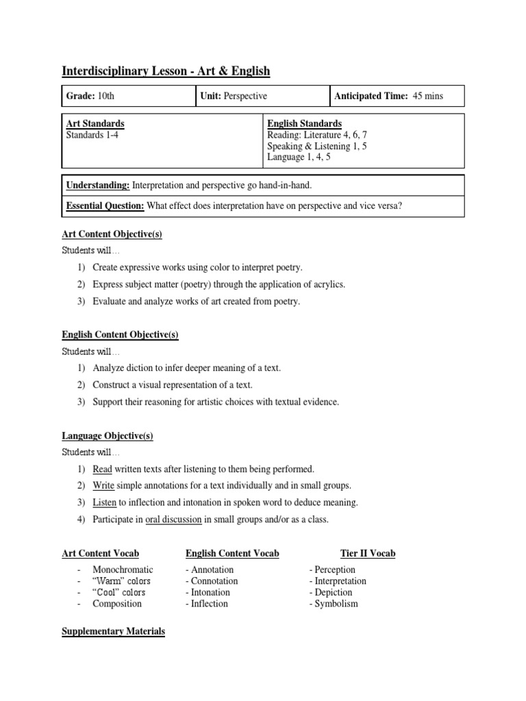 Interdisciplinary Lesson - Art English | PDF | Color | Poetry