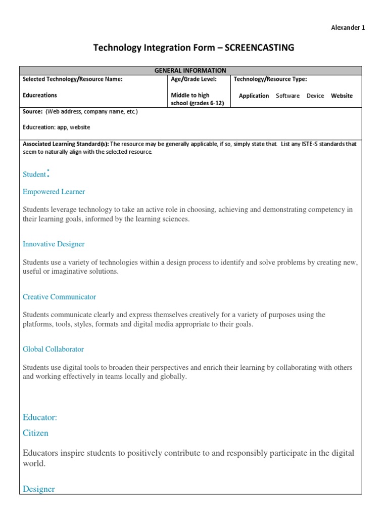Tel 311 Technology Integration Template-Screencasting | PDF | Pedagogy | Cognitive Science