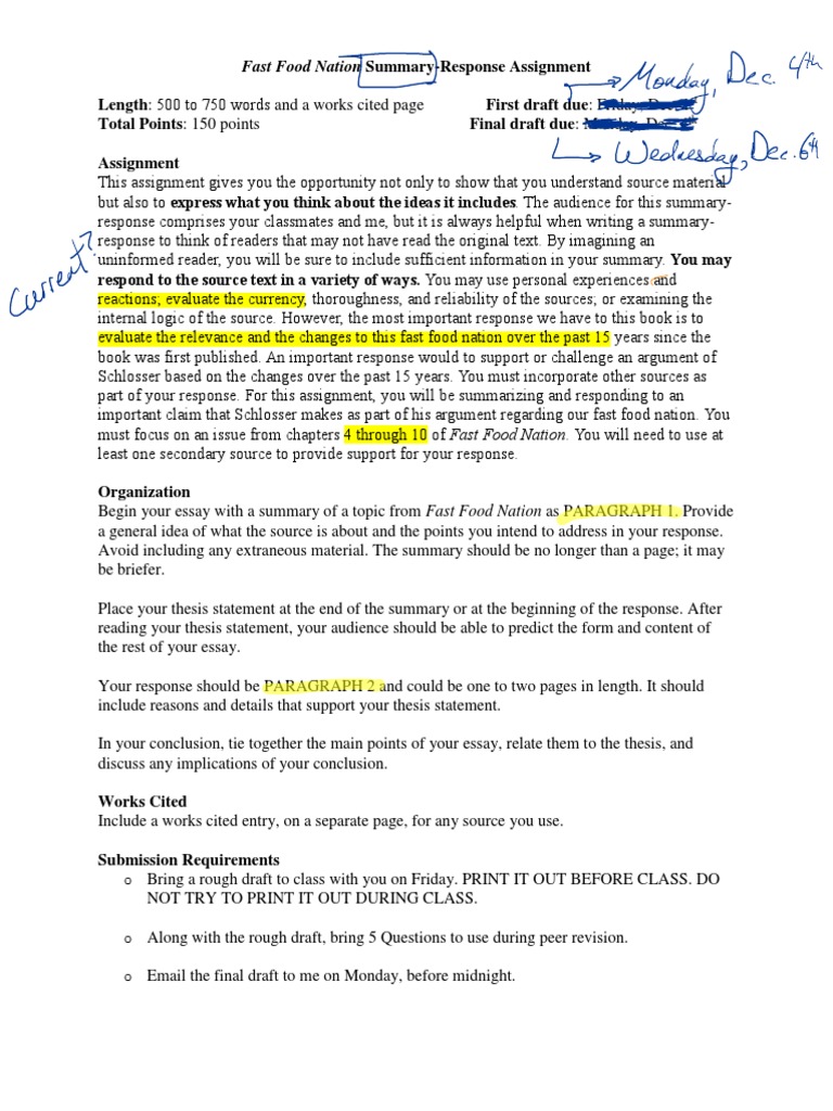 Fast Food Nation Summary-Response Guide | PDF | Essays | Thesis