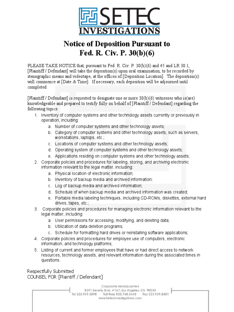 Notice of Deposition Pursuant To Fed. R. Civ. P. 30 (B) | PDF | Computers