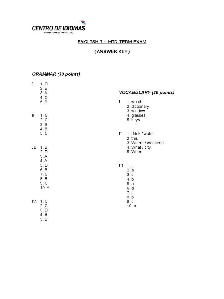 GRAMMAR (30 Points) : English I - Mid Term Exam (Answer Key) | PDF
