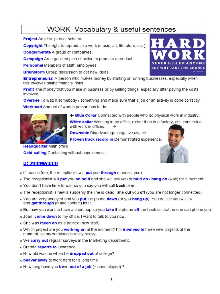WORK Vocabulary & Useful Sentences: Phrasal Verbs | PDF | Work–Life ...