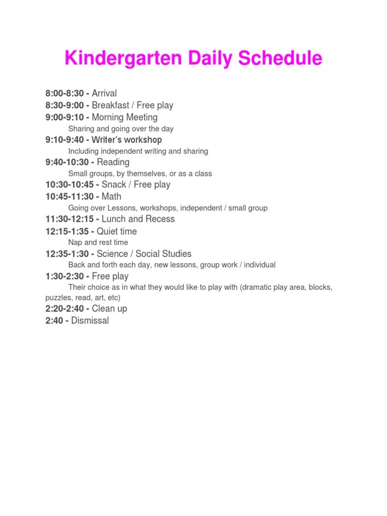 Kindergarten Daily Schedule Overview | PDF