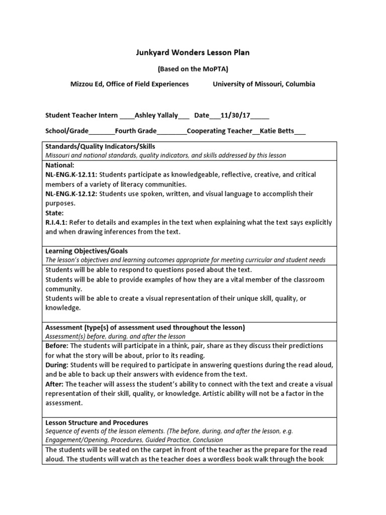 Junkyard Wonders Lesson Plan | PDF | Educational Assessment | Classroom ...