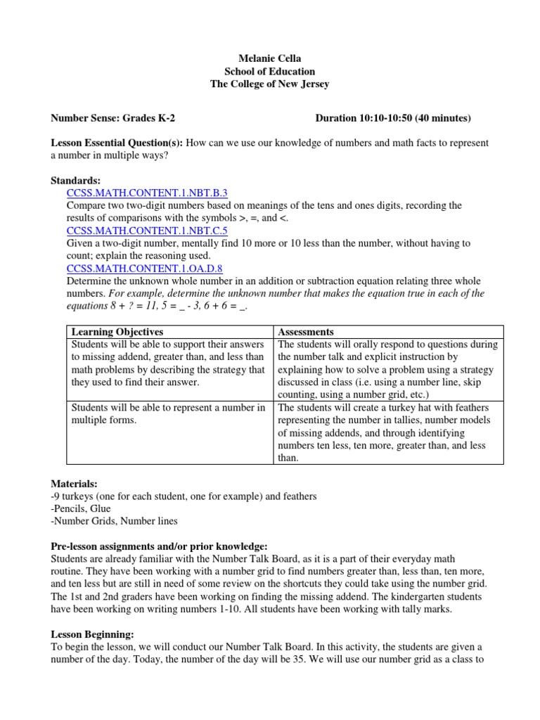 Math Lesson Plan - Number Sense | Download Free PDF | Teaching ...
