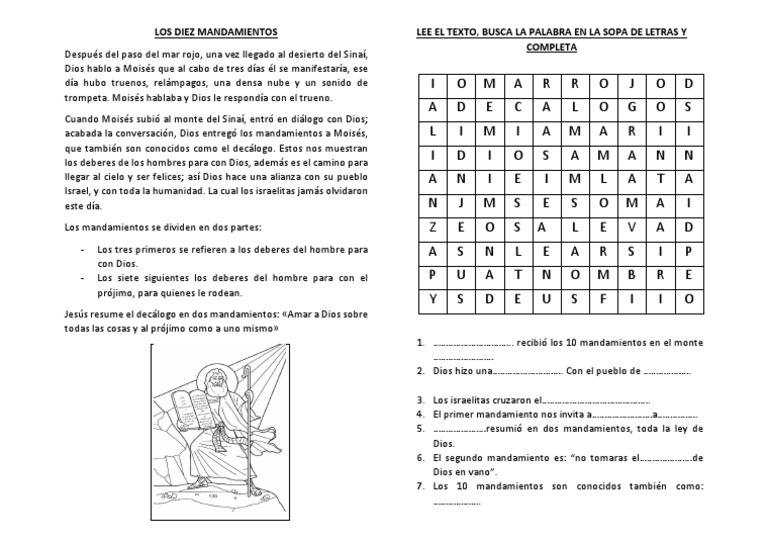 Sopa De Letras De Los Diez Mandamientos Para Niños
