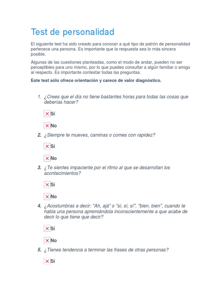 Test de personalidad.docx | Cuestionario | Las emociones | Prueba ...