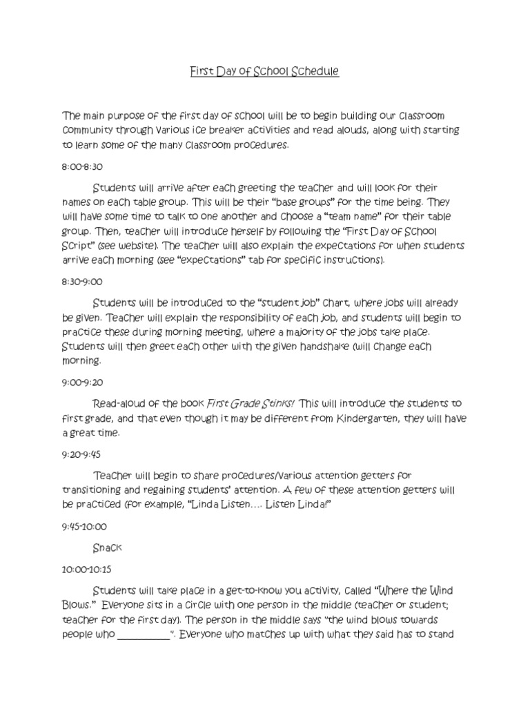 First Day of School Schedule | PDF | Classroom | Teachers