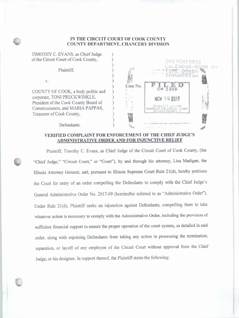 Chief Judge Timothy Evans' Complaint, Cook County Budget | PDF