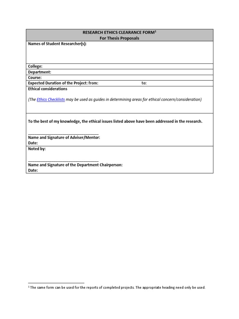 Research Ethics Clearance Form For Thesis Proposals | PDF