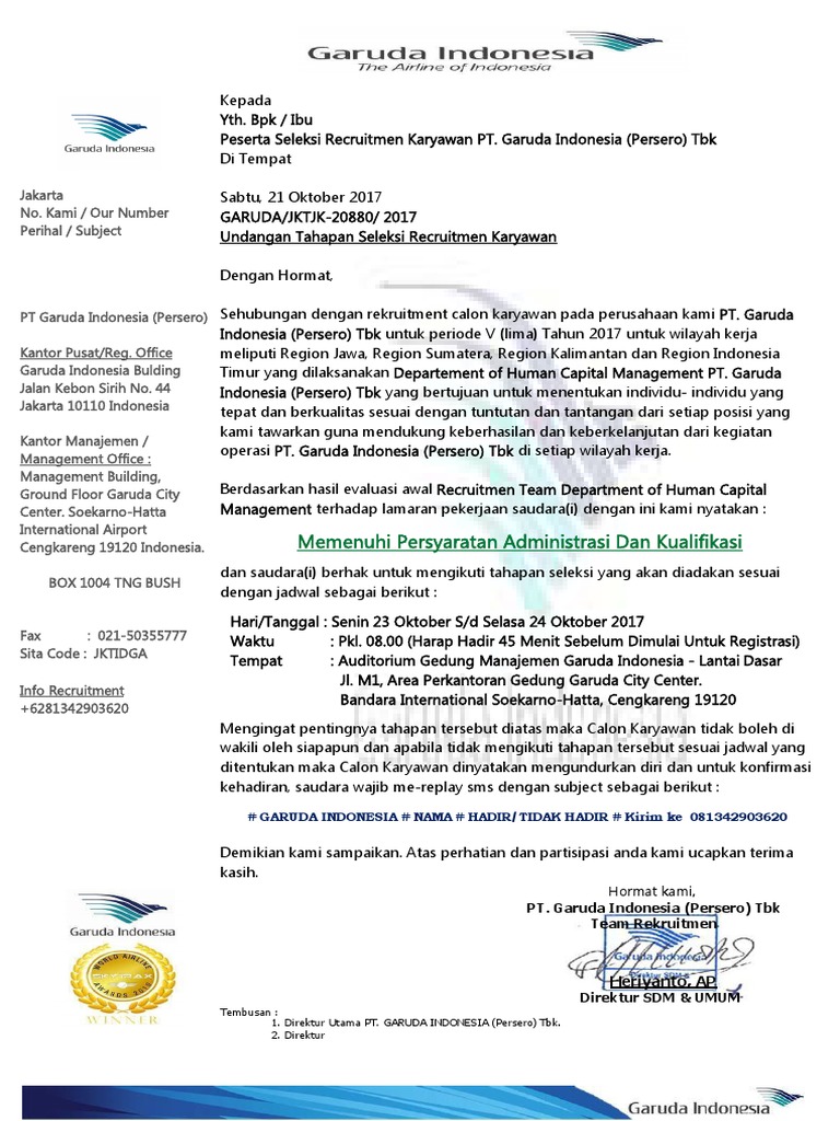 Contoh Surat Panggilan Tes Interview Calon Karyawan (I) PT. Garuda ...
