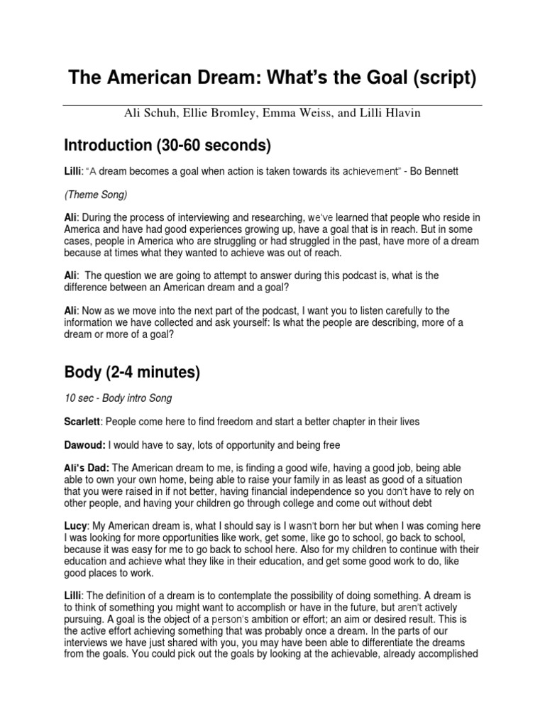The American Dream: What's The Goal (Script) : Introduction (30-60 ...