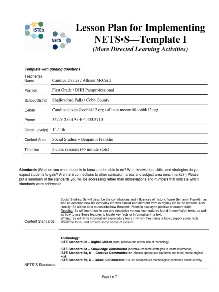 Lesson Plan For Implementing NETS - S-Template I: (More Directed ...