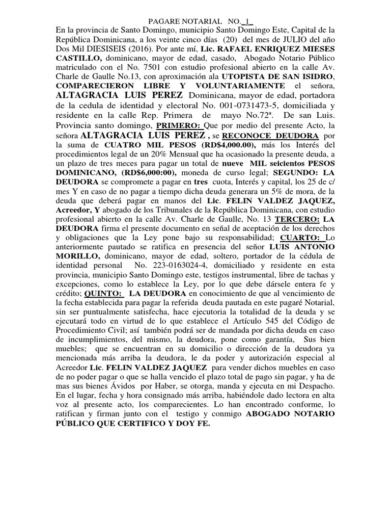 Pagare Notarial n1 | PDF | República Dominicana | Pagos
