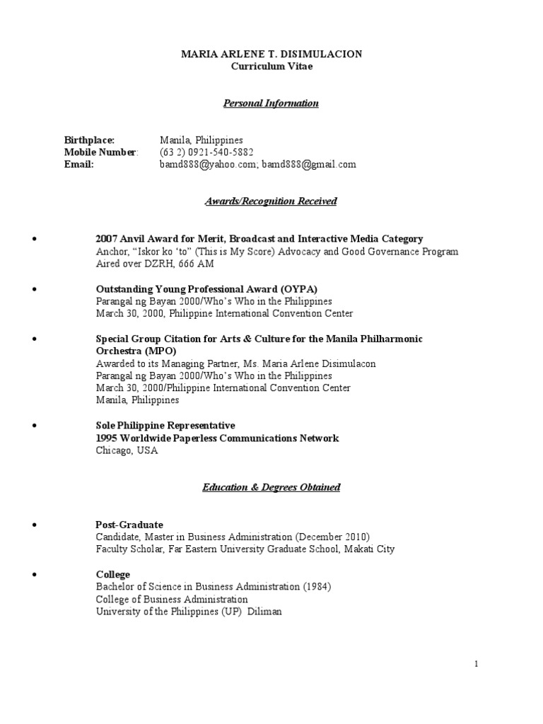 CV - Maria Arlene T. Disimulacion | PDF | Accenture | Metro Manila