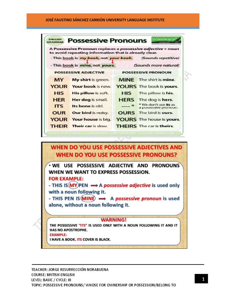 Possessive Pronouns + Whose For possessions1JJJ | PDF | English ...