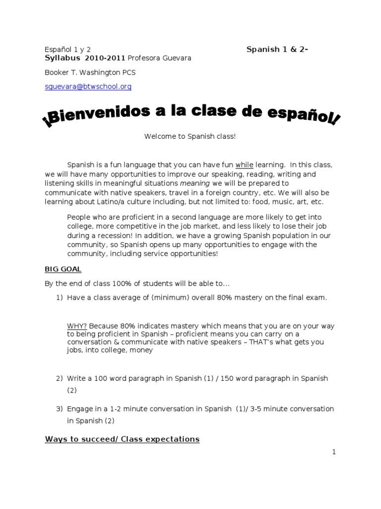 Spanish 1 & 2-Syllabus: Big Goal | PDF | Homework | Communication