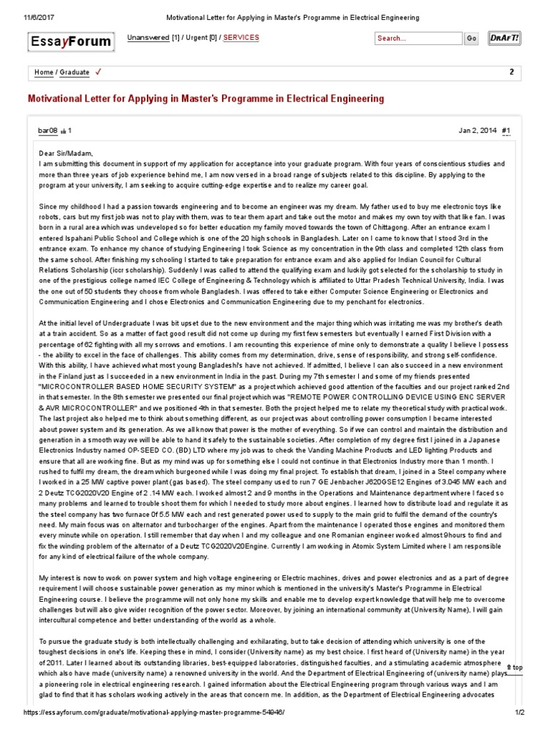 Motivational Letter For Applying in Master's Programme in Electrical Engineering | PDF | Master ...