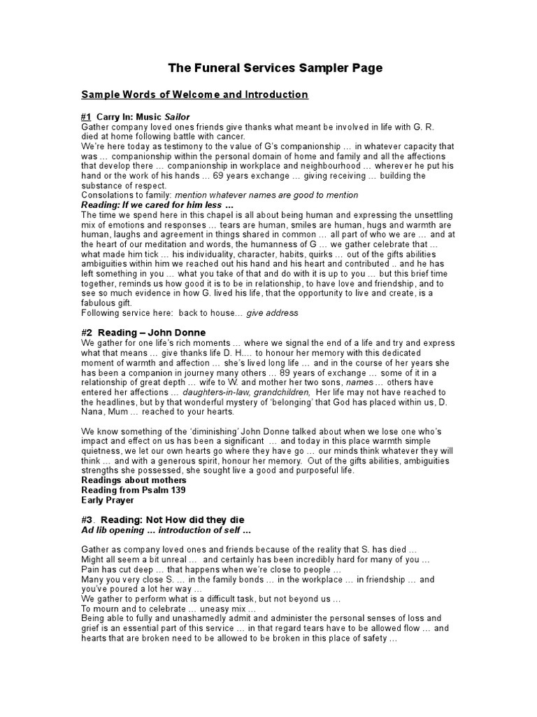 The Funeral Services Sampler Page: Sample Words of Welcome and ...