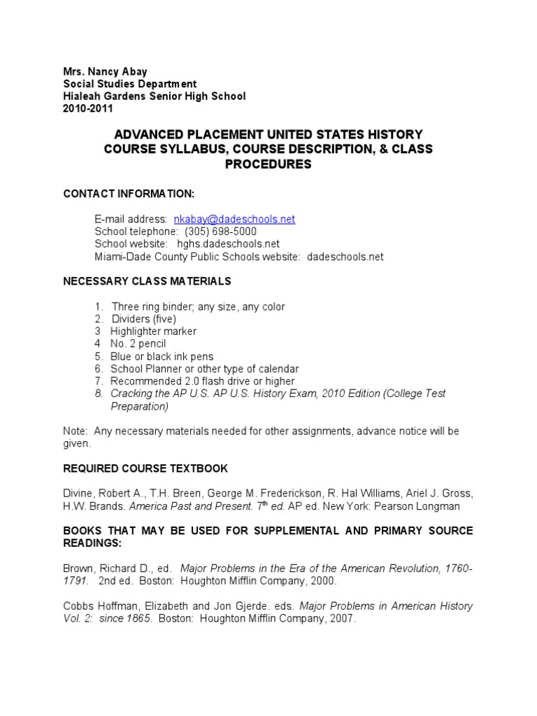 AP U.S. History Syllabus 2010-2011 | PDF | Thomas Jefferson | Advanced ...