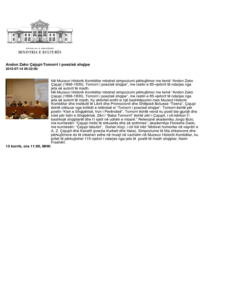 Andon Zako Ccedil Ajupi Tomorri I Poezis Euml Shqipe | PDF