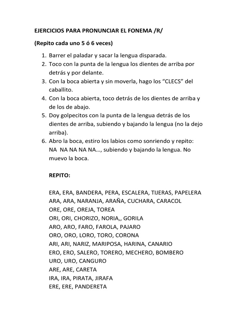 Ejercicios para Pronunciar El Fonema R | PDF | Artes del Lenguaje y ...