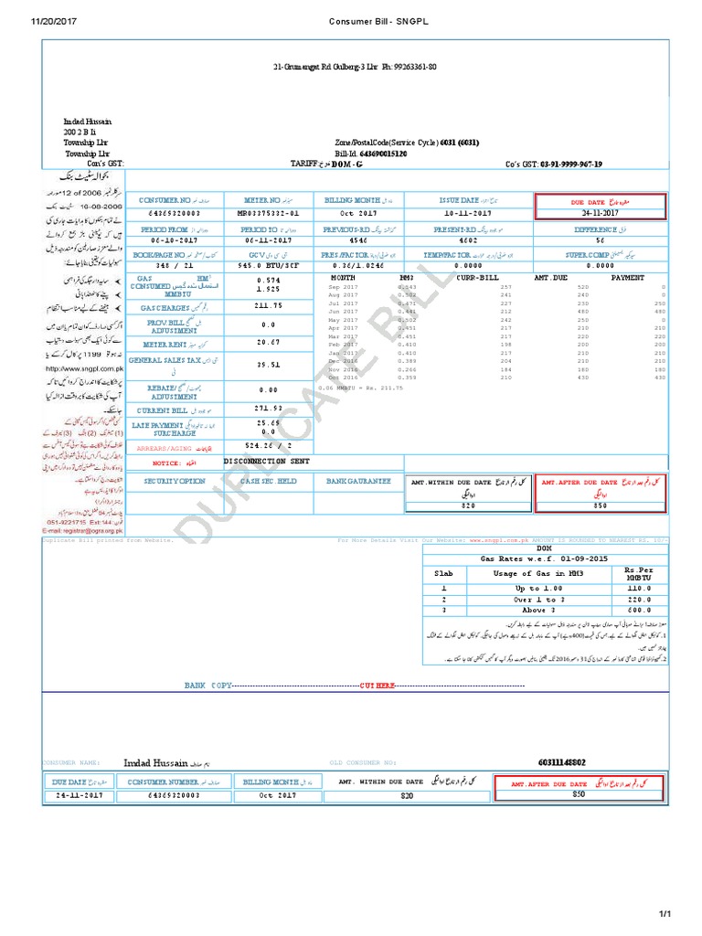Consumer Bill - SNGPL | PDF