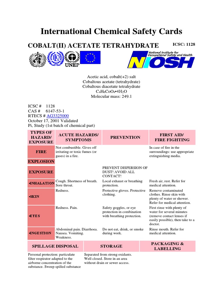 International Chemical Safety Cards: Cobalt (Ii) Acetate Tetrahydrate | PDF | Chemistry ...