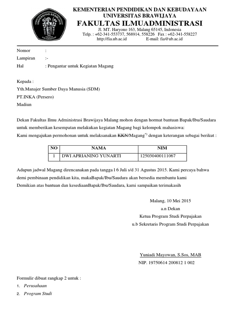 Surat Pengantar Magang di PT INKA | PDF