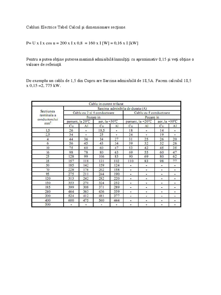 Cabluri Electrice Tabel Calcul Şi Dimensionare Secţiune