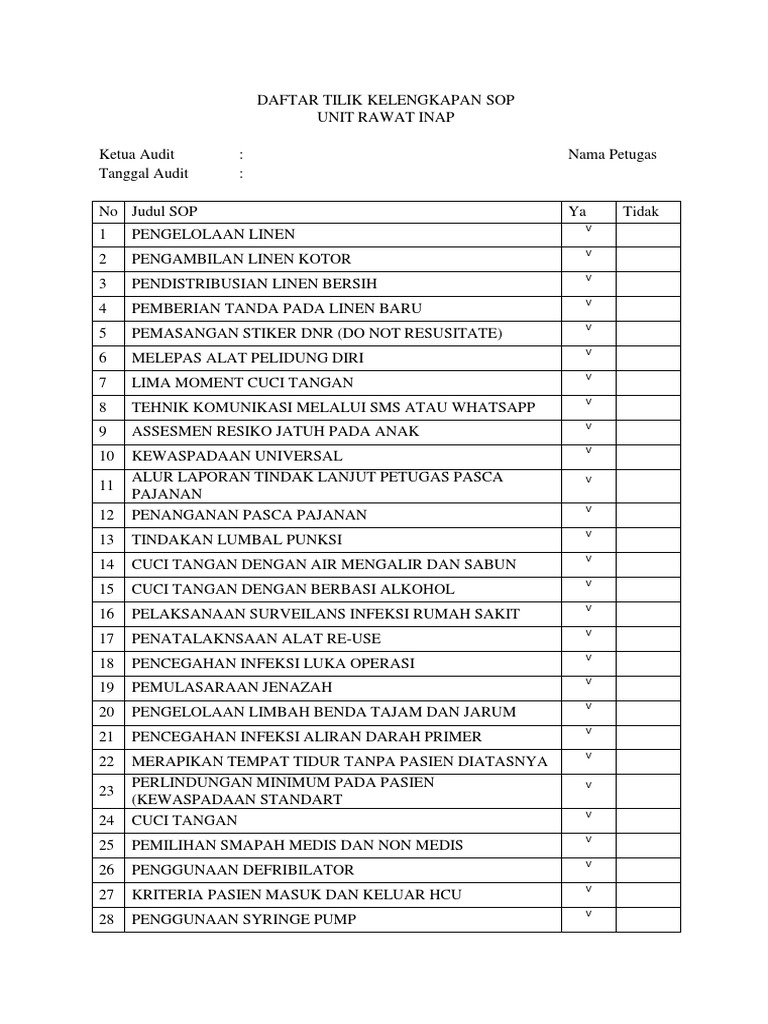 Daftar Tilik Kelengkapan Sop R.inap | PDF