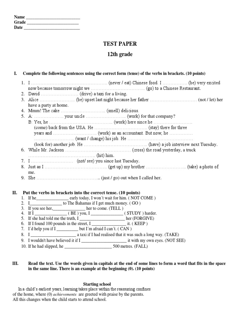 12th Grade Test Paper, Dec. 5th, 2017 | PDF | Teaching And Learning ...