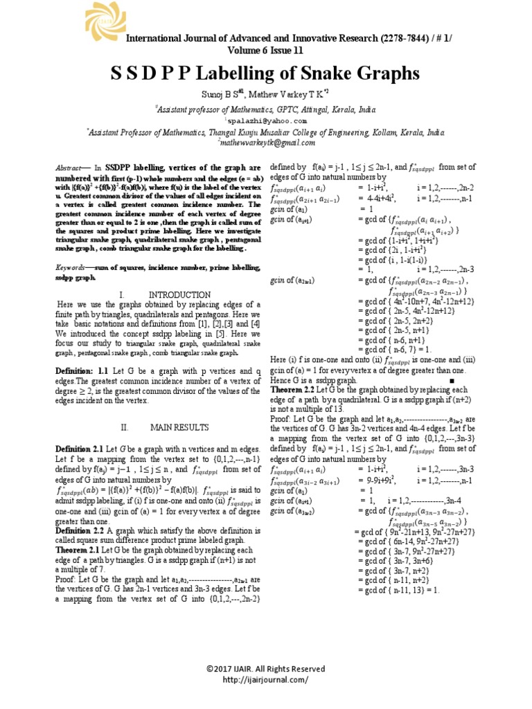 S S D P P Labelling of Snake Graphs Sunoj | PDF | Vertex (Graph Theory ...