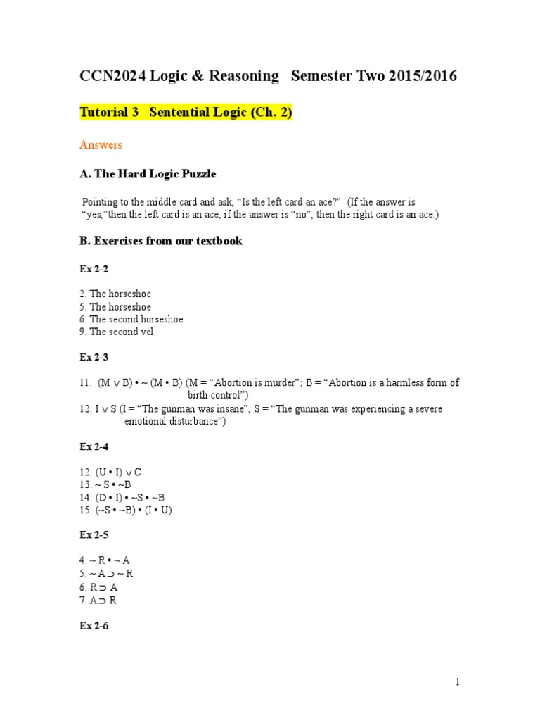 CCN2024 Logic & Reasoning Semester Two 2015/2016: Tutorial 3 Sentential Logic (Ch. 2) | PDF